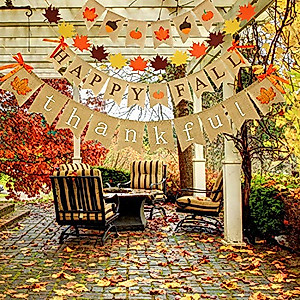 4 Pieces Thanksgiving Fall Decorations Burlap Thankful Banner Happy Fall Banner Pumpkins Maple Leaves Acorn Banner Felt Maple Leaves Garland Banner for Thanksgiving Decorations