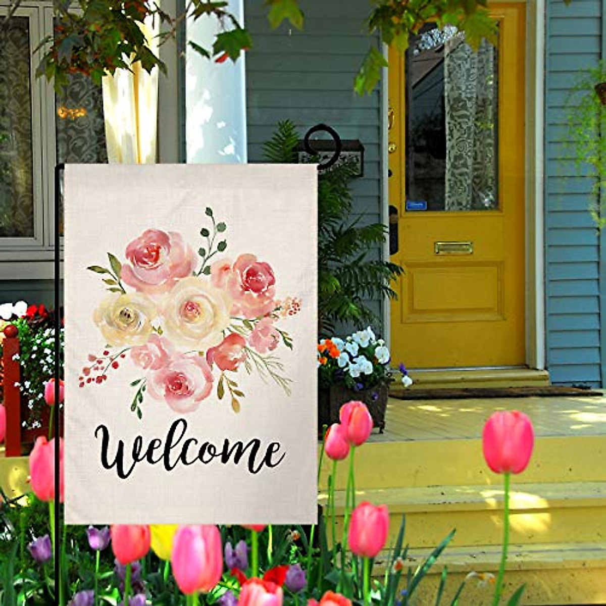 Spring Peonies Welcome Garden Flag Vertical Double Sided Burlap Yard Spring Flower Farmhouse Outdoor Decor 12.5 x 18 Inches