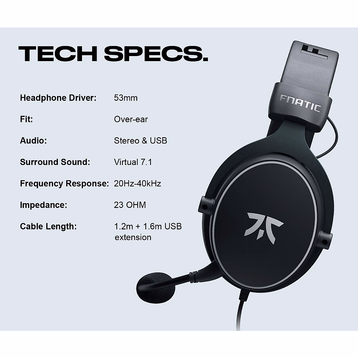 Fnatic REACT+ Gaming Headset for Esports with 53mm Drivers, Precise 7.1 Surround Sound and Advanced USB Sound Card, [Windows compatible], Metal Frame, Broadcaster Detachable Microphone, 3.5mm Jack