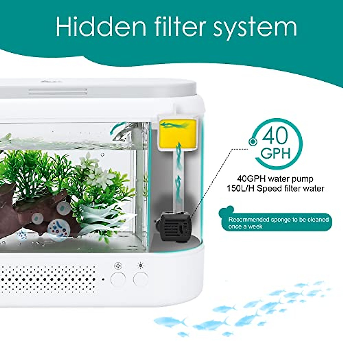 AQQA 1.8 Gallon Multifunction Self-Cleaning Fish Tank,Small Desktop Aquarium Starter Kit,Hidden Filtration with LED Color Light and Aromatherapy Diffusers,Suitable for Home and Office
