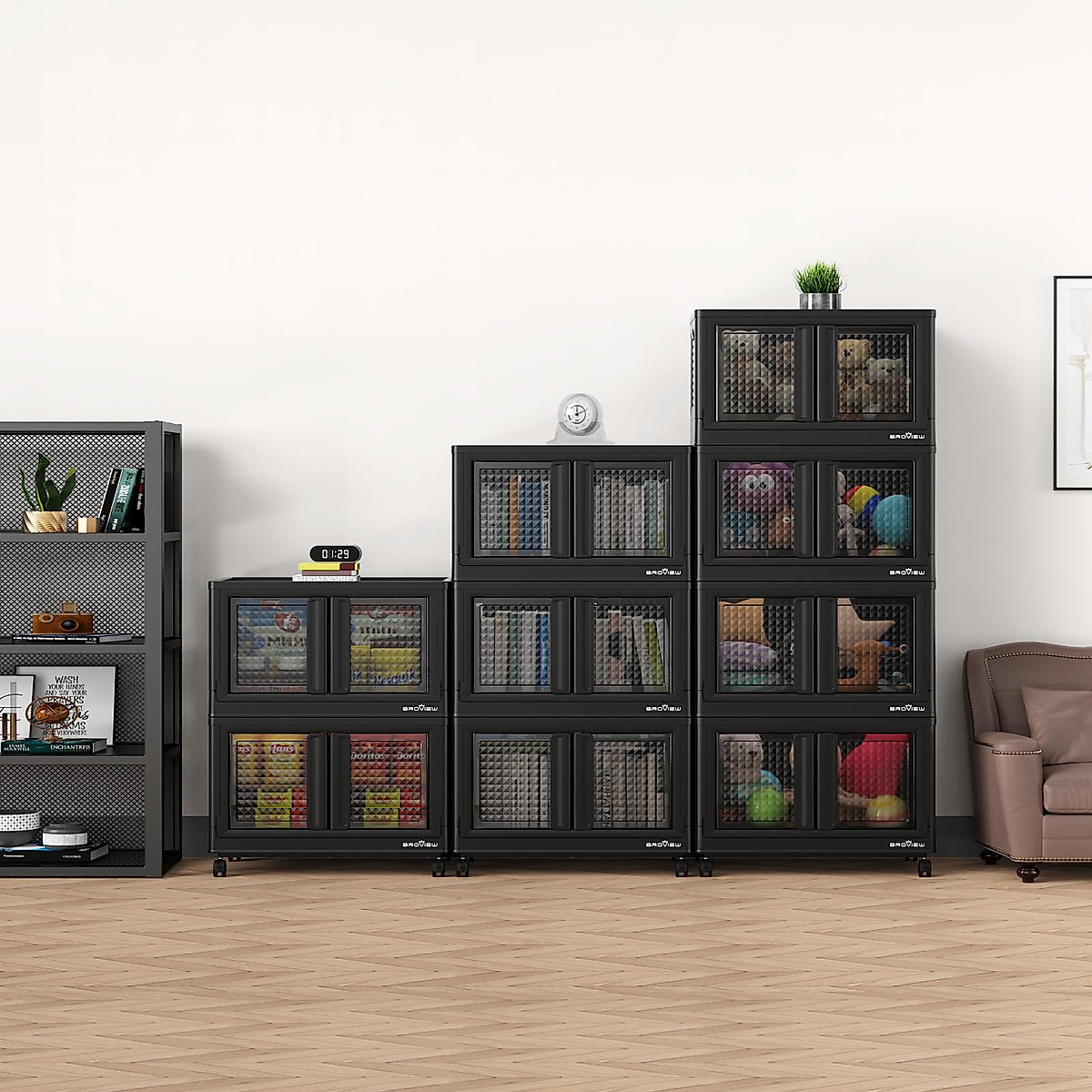 BROVIEW 320Qt Stackable Storage Bins with Lids, 80Gal Plastic Collapsible Storage Bins with Doors and Wheels, Closet Organizers and Storage, Black Folding Storage Cabinet for Home Garage, 4 Pack Cube