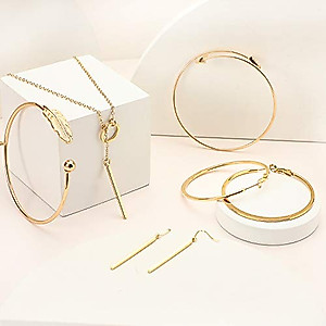 Hicarer Simple Bar Jewelry Set Vertical Bar Necklace Earrings Adjustable Cuff Bracelet for Women (Gold)