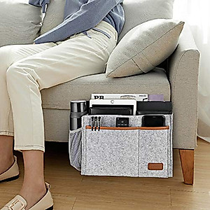 Bedside Caddy, Felt Bed Storage Organizer Hanging Bag Holder with 5 Pockets, Magazine Book Phone Tablet iPad Cables Remote and Water Bottle Holder for Home Dorm Bed Sofa, Light Gray