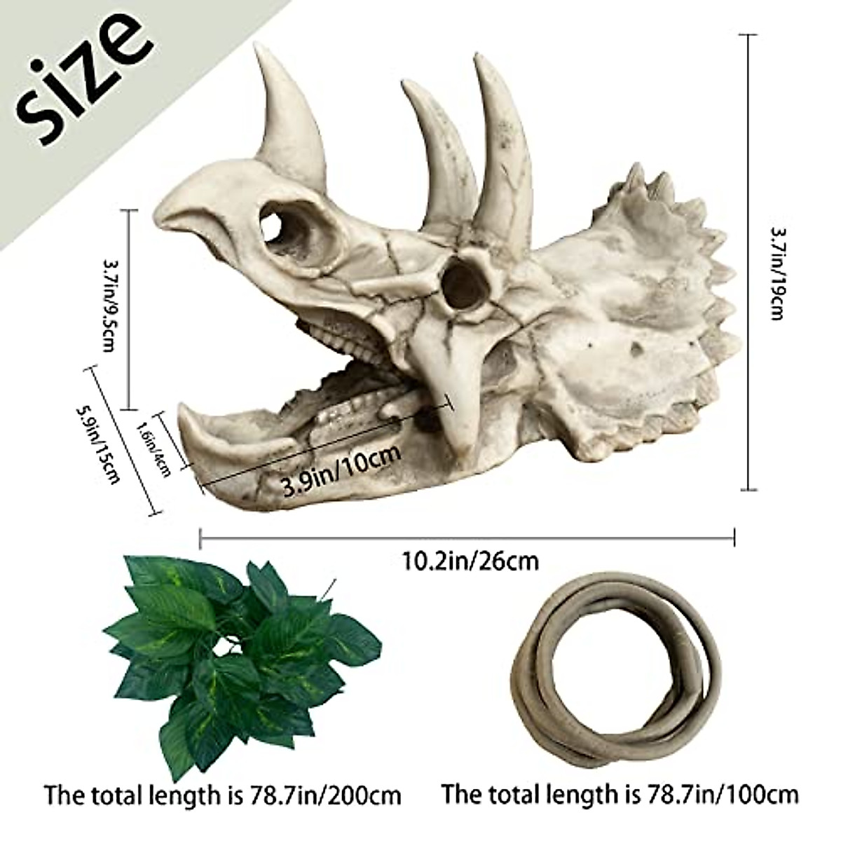 MUYG Bearded Dragon Resin Triceratops Skull Hide Decoration Reptiles Artificial Hideout Cave Landscape Tank Accessories Vines Leaves Hideaway Ornaments for Lizards Snake Gecko