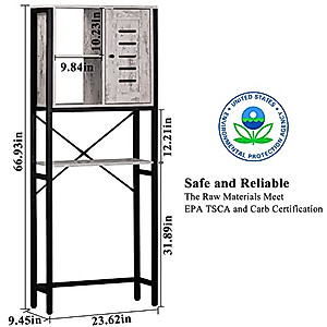 LELELINKY Over The Toilet Storage Cabinet, Bathroom Storage Organizer Shelf, 3-Tier Tall Freestanding Multifunctional Rack with Door and Open Shelves, Industrial Steel Frame - 67', Stone Grey