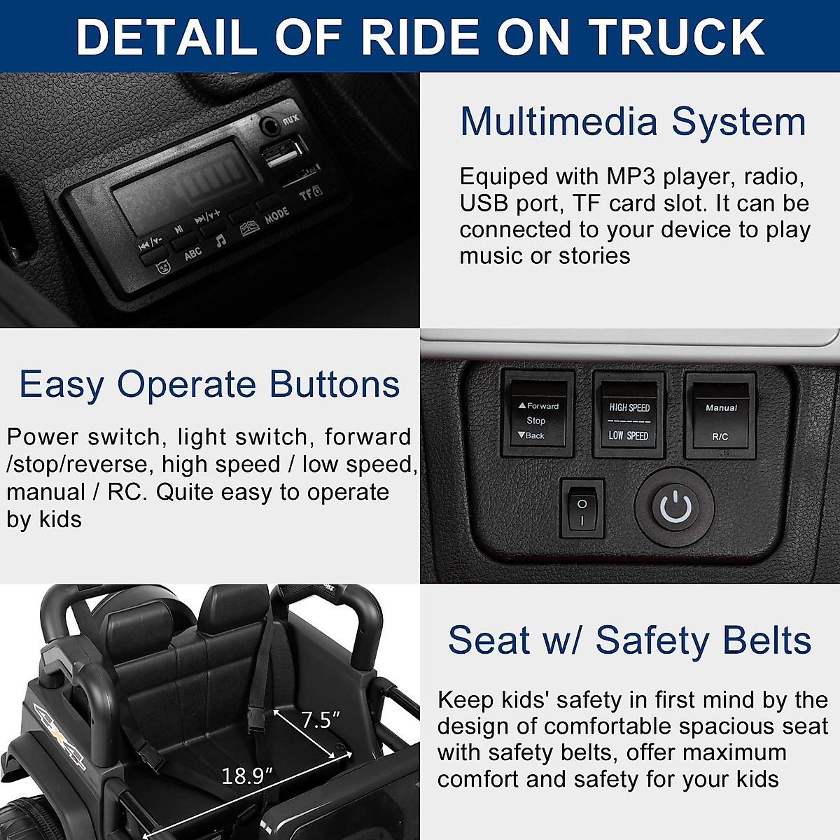 VALUE BOX Safety 12V Electric Two Seaters Ride On Car, Remote Control Kids Toddler Ride On Cars Motorized Vehicles Toy Car, Wheels Suspension, Seat Belts, LED Lights and Horn (Black)