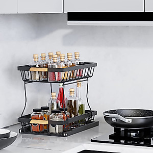 RAOHEVU Under Sink Organizers and Storage, Sliding Under Cabinet Organizer, 2 Tier Bathroom Under Sink Organizer for Kitchen with Wooden Handle