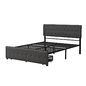 TARTOP Queen Size Upholstered Platform Bed with Storage Drawer, Metal Queen Bed Frame with Headboard，No Box Spring Required，Gray
