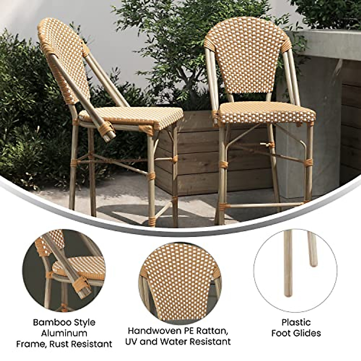 Flash Furniture Lourdes Commercial Grade Bistro Counter Stool, Stackable Indoor/Outdoor Dining Stool, 26"High, Natural/White-Light Natural Finish, Set of 2
