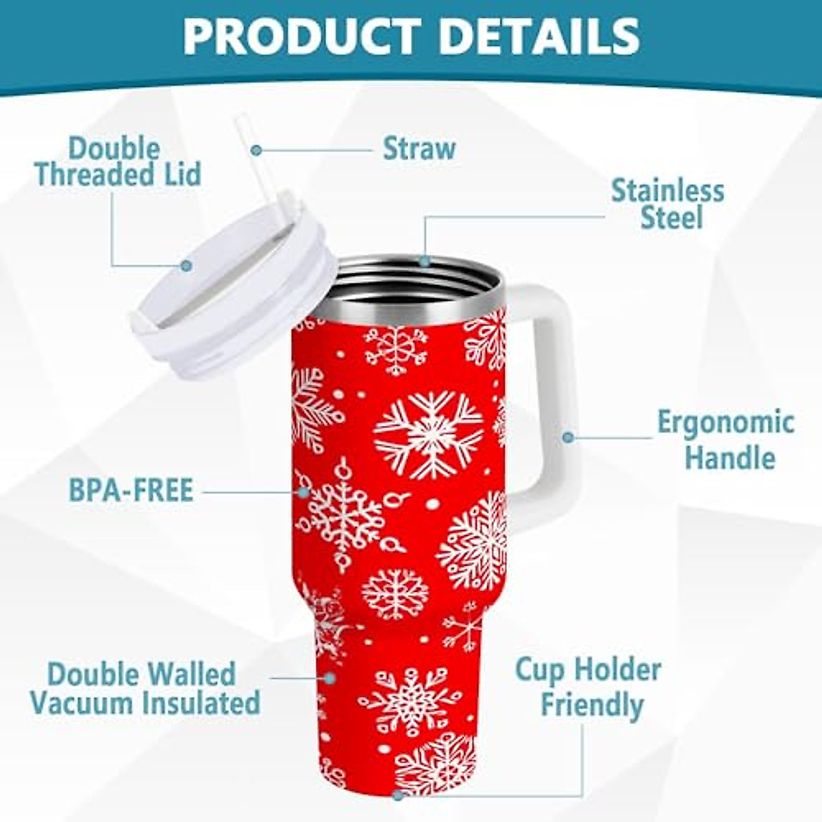 RPLIFE Various White Snowflakes 40oz Tumbler with Handle, Stainless Steel Cups with Lid, Tumblers for Women