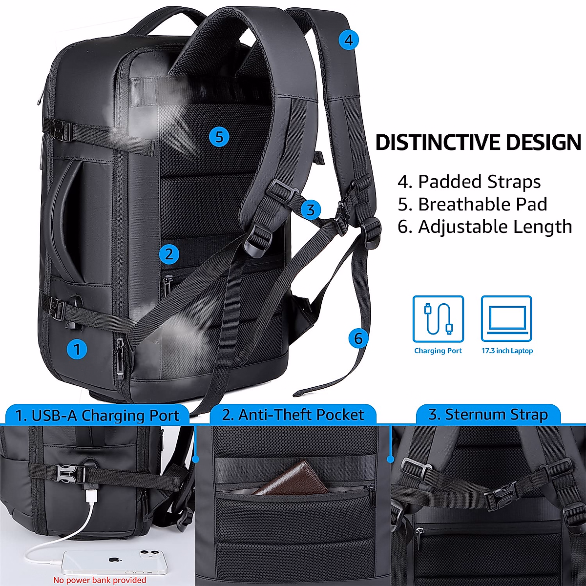 Refutuna Carry On Backpak, 40L Flight Approved Luggage Backpack for Men Women, Expandable Water Resistant Travel Backpack Fits 17.3 Inch Laptop(Black)