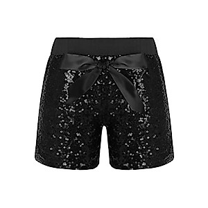 Aislor Girl's Boy's Athletic Dance Shorts Pull On Shiny Sequin Shorts Training Gymnastics Short Hot Pants with Bowknot Black 7-8 Years