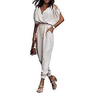 Dokotoo Jumpsuits for Lady Dressy One Piece Lighweight Long Pants Resort Wear Rompers High Waist Cold Shoulder Outfits for Summer,Beige Medium