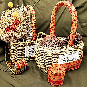 Wired Edge Autumn Buffalo Plaid Ribbon Fabric Burlap Ribbon for DIY Craft Wrapping Thanksgiving Decoration 6.56 Yard (Golden Edge Green Orange Yellow Plaid 5 cm)