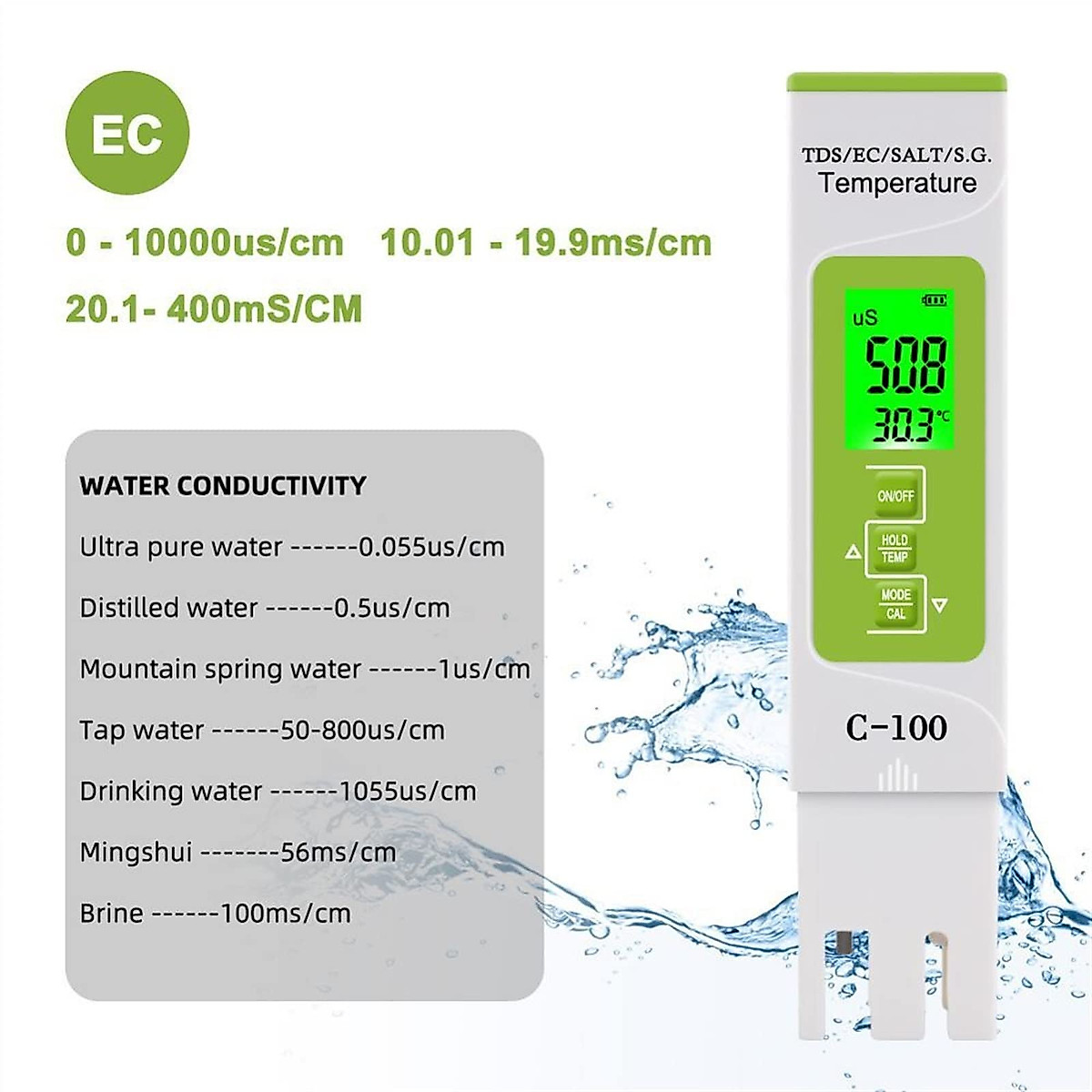 Digital Tester 5 in 1 TDS/EC/Salt/S.G./Temperature Meter Digital Water Quality Monitor Tester for Pools, Drinking Water, Aquariums