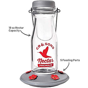 More Birds Jersey Hummingbird Feeder, Glass Milk Bottle Hummingbird Feeder for Outdoors, 5 Feeding Stations, 18 Ounces