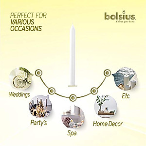 BOLSIUS White Dinner Candles - 10 Pack Unscented 9 Inch Straight Taper Candle Set - 8 Hour Burn Time - Premium European Quality - Smokeless And Dripless Household, Spa, Wedding, And Party Candlesticks