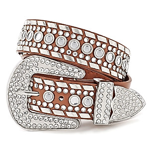 WERFORU Women Men Rhinestone Studded Western Leather Belt Ladies Vintage Bling Cowgirl Cowboy Waist Belt for Jeans Dress (C-Brown, Fit Waist Size31-36 Inches)