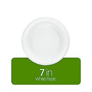 PLASTICPRO 200 PCS White Plastic Round Plastic 7 Inch Plates Premium Quality Light Weight Disposable Plastic Dishes Dinner Plates for Parties Weddings