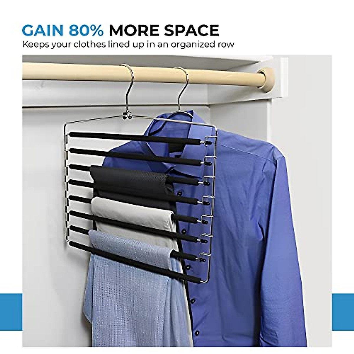 USTECH 8 Tier Swing Arm Pants Hanger | Space Saving Clothing Hangers with Foam Padding and Removable Arms | Alloy Steel Construction for Durability | Hook with Capped Ends for Added Safety | Pack of 2