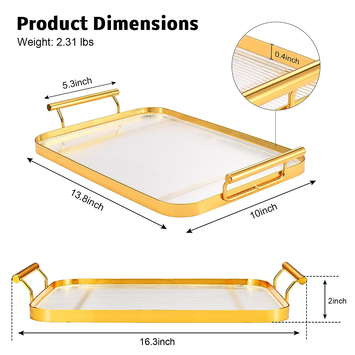 CoColemon Metal Serving Tray - 13.8"x10" Gold with Handles, Acrylic Bottom Decorative Tray for Ottoman,Coffee Table,Living Room and Bathroom