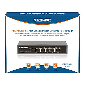 Intellinet PoE++ Powered 5 Port Gigabit Ethernet Switch with PoE Passthrough - 65W Power Budget via AC Power & 95W Power Budget via POE PD, 30W per Port, Fanless & Quiet–3 Yr Mfg Warranty-561808