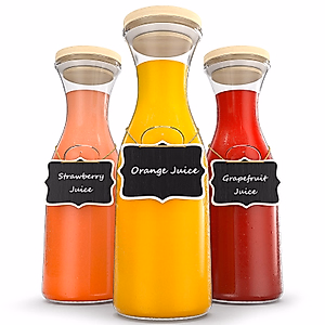 3 Pack Glass Water Carafe Pitchers with Lid and Tag, 1 Liter Iced Tea Beverage Pitcher Set, Milk Juice Container for Refrigerator, Glass Juice Pitcher for Lemonade Drink Brunch Decor Mimosa Bar Party