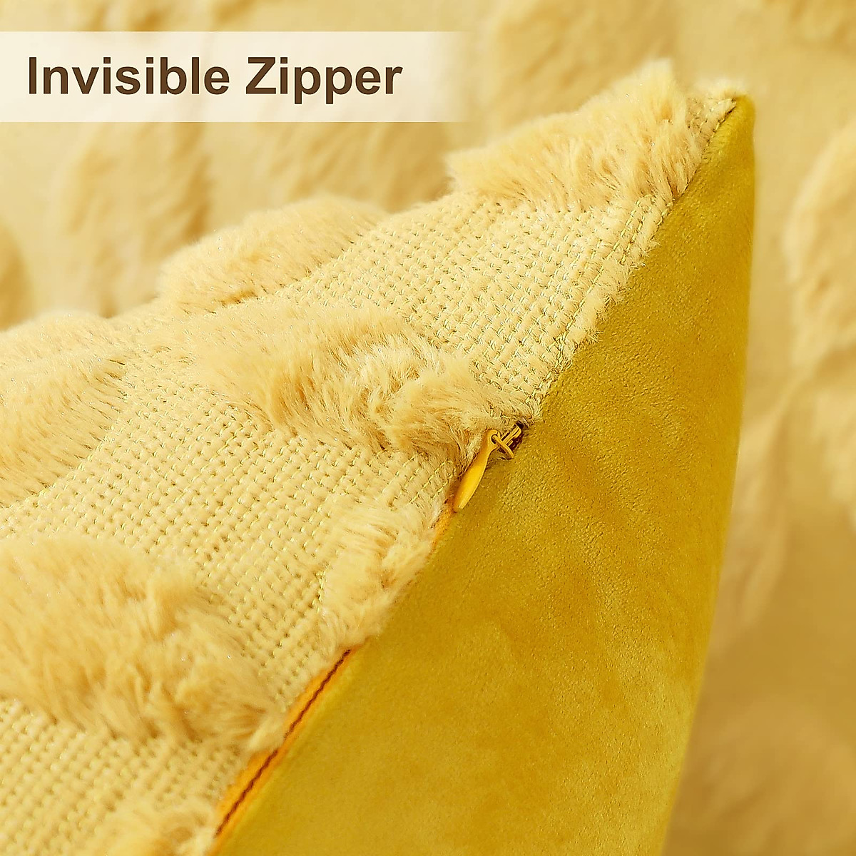 OTOSTAR Set of 2 Soft Plush Short Wool Velvet Decorative Throw Pillow Covers with 3D Flower Pattern Cushion Covers - Couch Sofa Pillow Covers for Living Room - Yellow 18x18 Inch