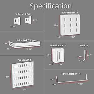 Metal Pegboard for Kitchen 4 Pcs, NaneTidy Pegboard Wall Organizer Kits and Accessories (Include 3 x Spice Racks, 5 x Hooks, 1 x Knife Holder, 1 x Utensil Holder, 1 x U-Rack, 1 x Towel Rack), White