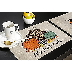 Thanksgiving Day Placemats Set of 6 Harvest Pumpkin Orange Cotton Linen Place Mats Leopard Sunflower It's Fall Y'all Heat Resistant Kitchen Tablemats for Thanksgiving Day Decoration Dinner Party