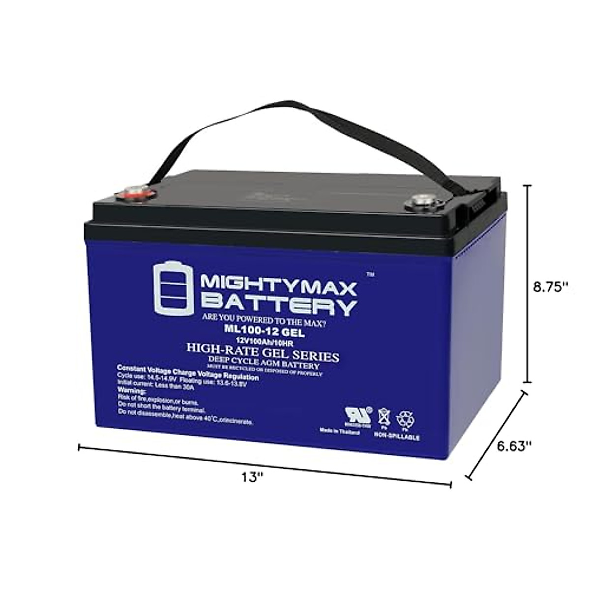 Mighty Max Battery ML100-12GEL - 12 Volt 100 AH, GEL Type, Internal Thread (INT) Terminal, Rechargeable SLA AGM Battery