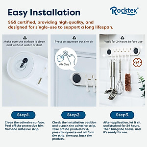Rocktex No-Drill Hooks - White Self Adhesive Wall Hanging Hooks, Heavy Duty 4.4 lbs, Easy Installation, Versatile Vertical or Horizontal Options with 6 Adjustable Hooks for Wall, Bathroom, Kitchen
