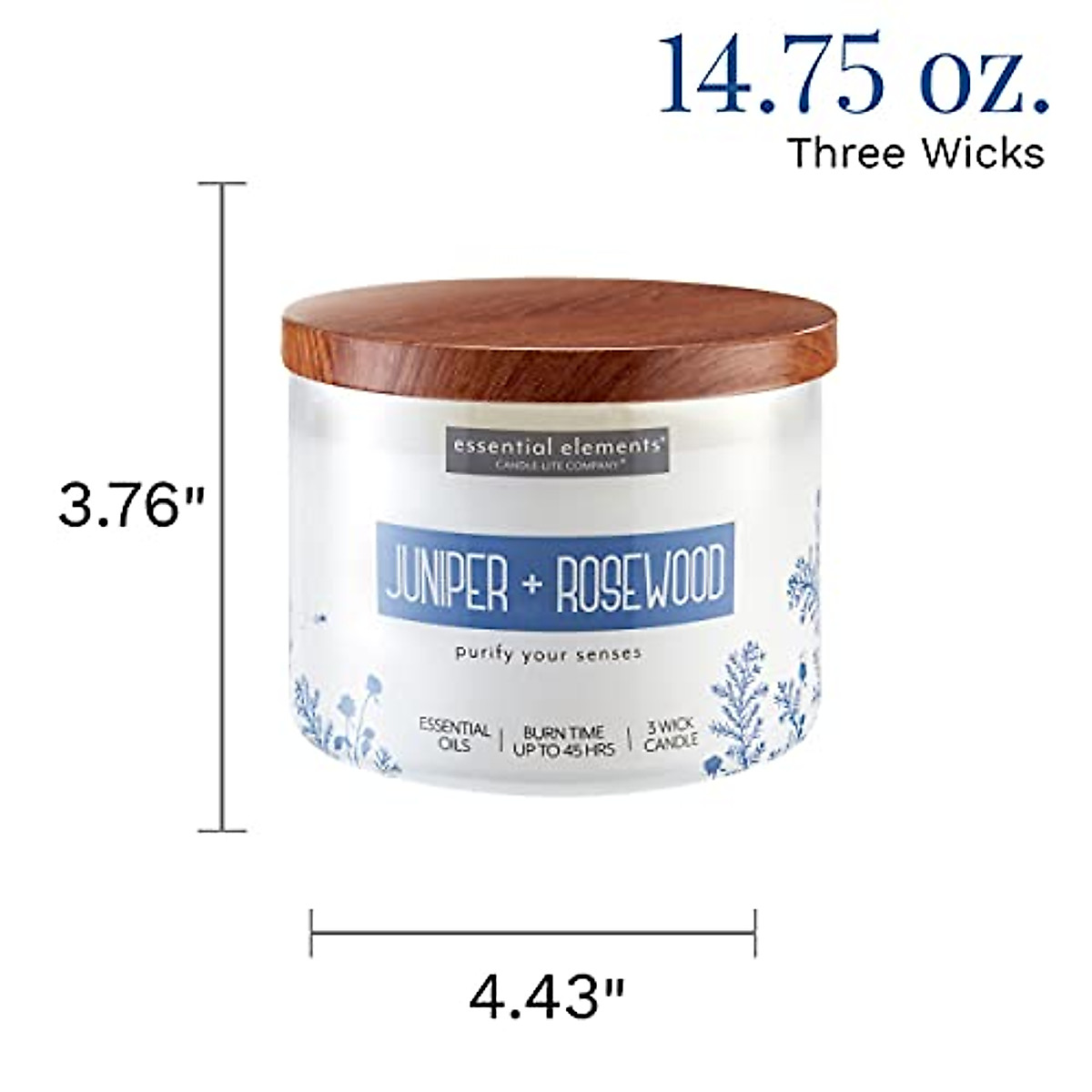 Essential Elements by Candle-lite Scented Candles, Juniper and Rosewood Fragrance, One 14.75 oz. Three-Wick Aromatherapy Candle with 45 Hours of Burn Time, Off-White Color
