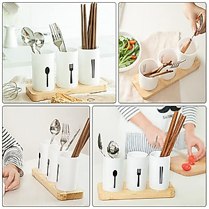 ROWOZOUY Kitchen Utensil Holder Drain Tableware Utensil Caddy Flatware Organizer with Wood Base