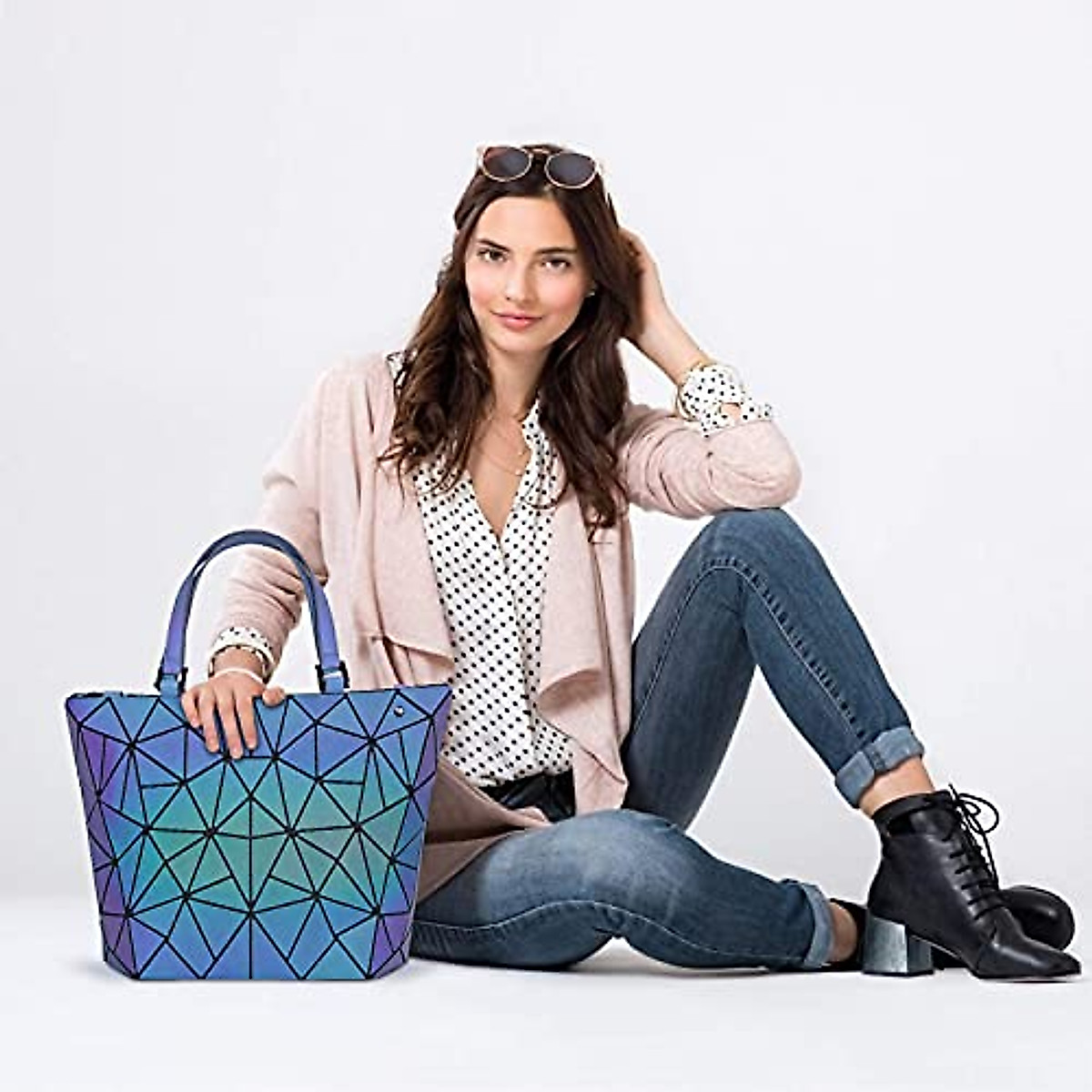 ESOVIO Irregular Geometric Luminous Shoulder Bag And Handbags For Lady Grid Holographic Reflective Purses Totes Shopping Rucksack