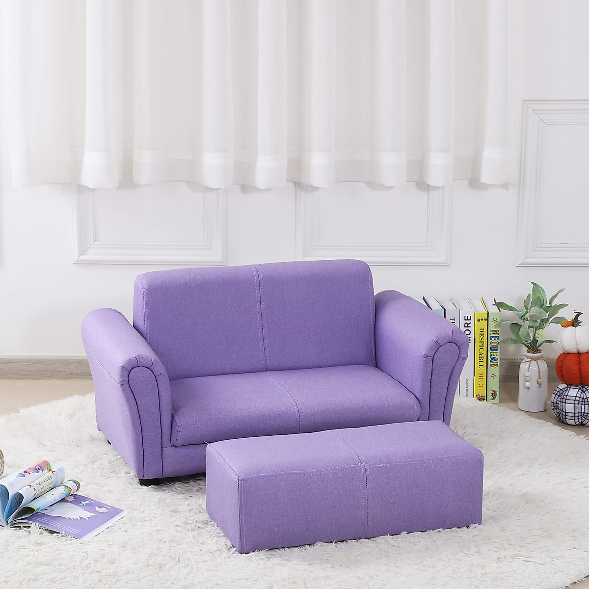 Yoonnie room 2-Seater Kid Couch with Big Ottoman,Kid Sofa Chair with Linen Fabric,Children Sofa Couch for 0-3 Age Kid Gift,Purple