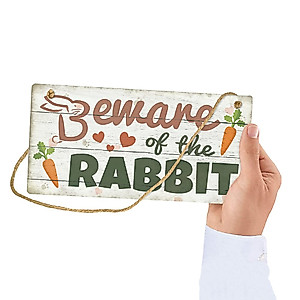 Putuo Decor Rabbit Sign, Outdoor Funny Bunny Decor, Decorative Garden Sign for Porch, Patio, 10x5 Inches Hanging Plaque - Beware of The Rabbit