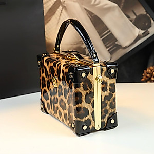 HANSOMFY Fashion Women's Top Handle Satchel Handbags Leather Evening Bag Purses Small Hard Square Box Shoulder Bags (Leopard)