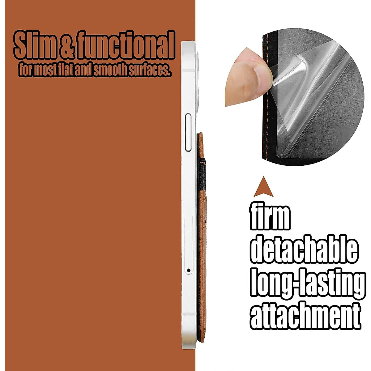 FRIFUN Card Holder for Back of Phone, Stick On Card Holder fits Most Cell Phones & Cases, Credit Card Holder Pocket Wallet for Men Women (Brown)