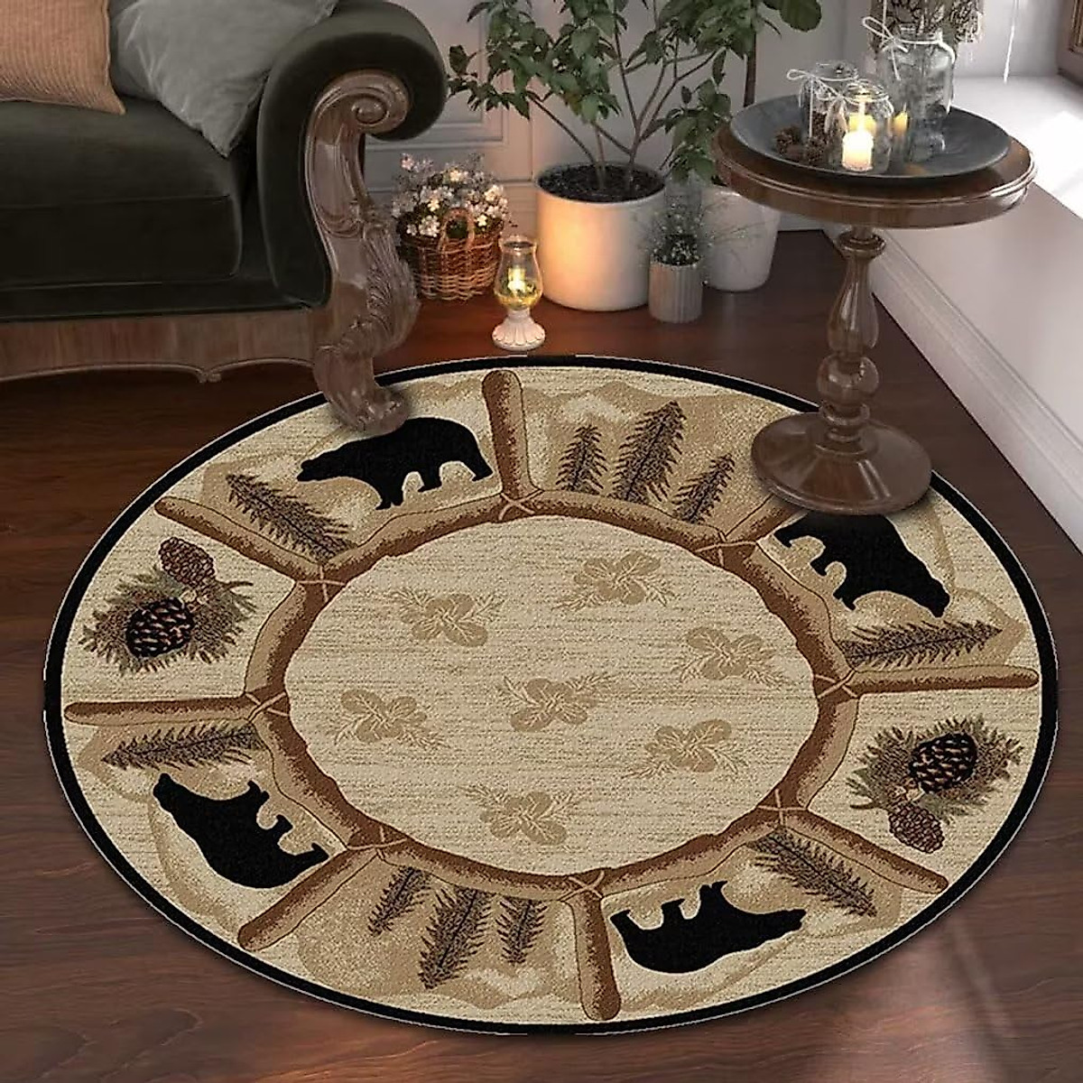 Soyalie Rustic Lodge Round Area Rug for Entrance Kitchen Pine Tree Print Carpet Bear Cabin Circle Floor Carpets Vintage Throw Rugs 3ft