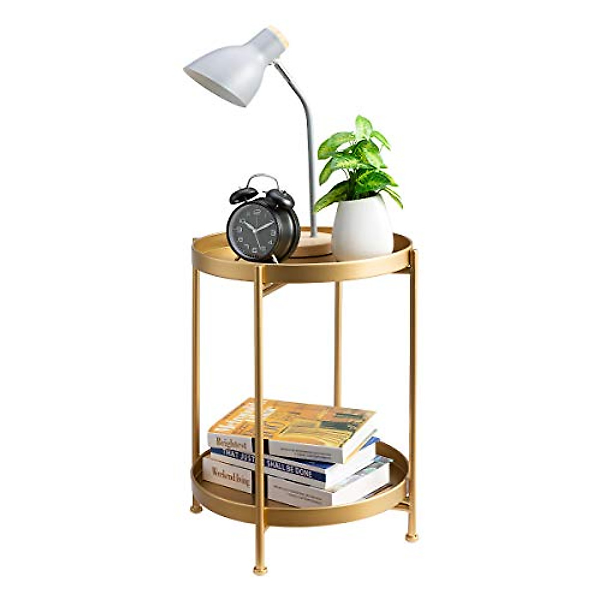 HollyHOME 2-Tier Round Metal End Side Table, Accent Anti-Rust Waterproof Simplistic Sofa Table, Modern Tray Outdoor&Indoor Folding Coffee Table, (D) 15.75" x(H) 20.47", Golden