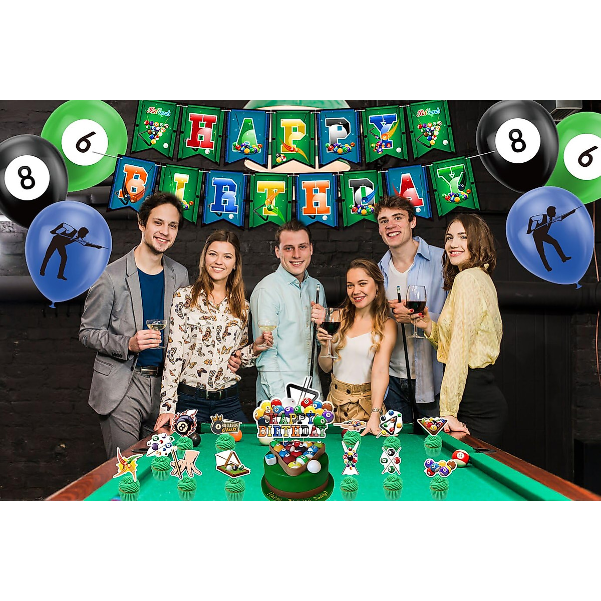 Billiards Party Decorations Billiards Birthday Party Supplies Includes Billiards Happy Birthday Banner, Cake Topper, Cupcake Toppers, Balloons for Billiards Theme Party Sports Party