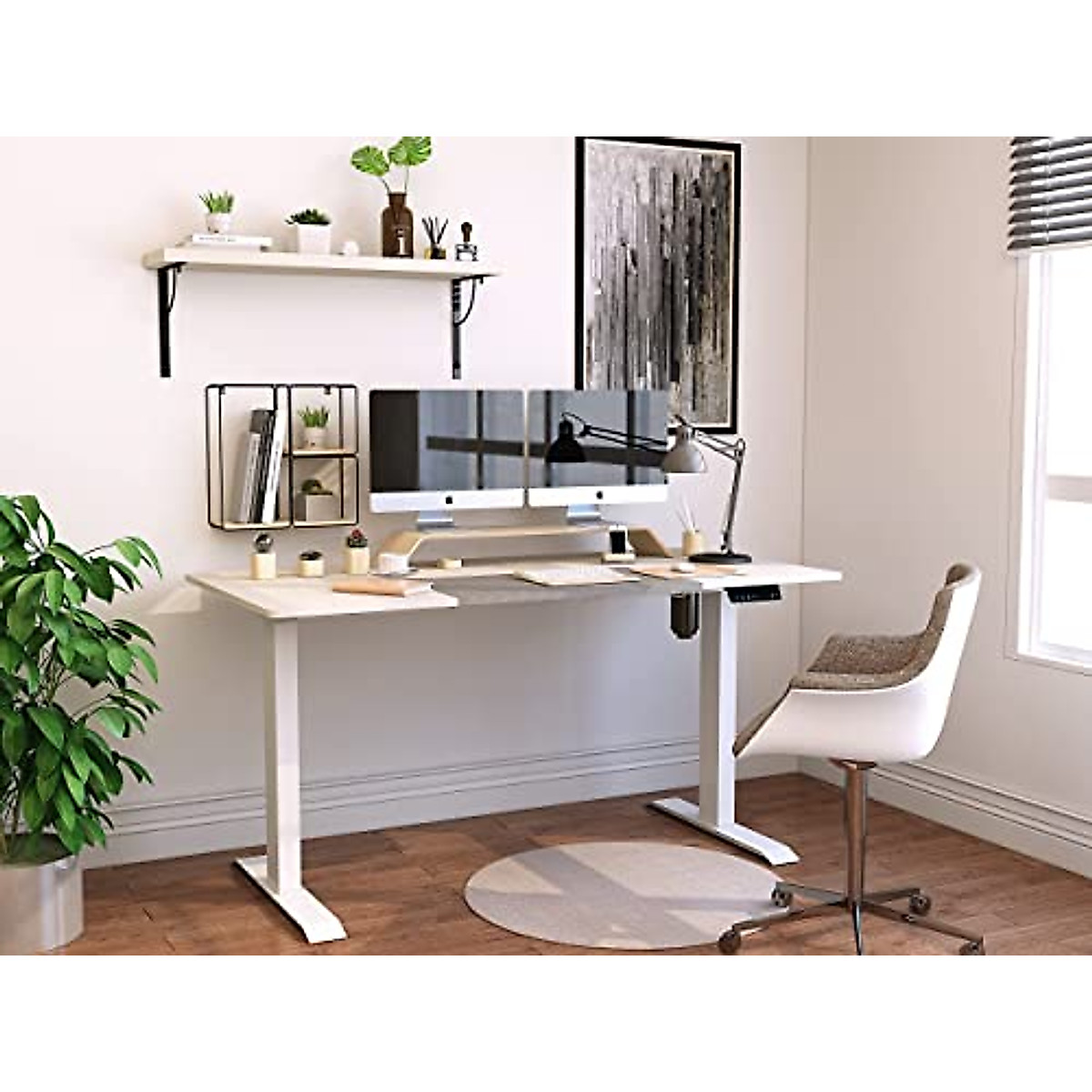 Homall Electric Height Adjustable Standing Desk 55 x 28 Inches Computer Desk Stand Up Home Office Workstation Desk T-Shaped Metal Bracket Desk with Wood Tabletop and Memory Settings （White）
