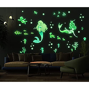 MESU Glow in The Dark Mermaid Wall Decals Sea Turtle Luminous Sticker Seahorse Ceiling Decor for Girls Room Nursery Mermaid