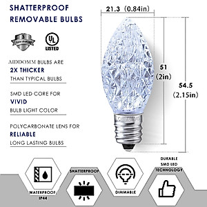 AIDDOMM 25 Pack C7 Cool White LED Replacement Christmas Light Faceted Bulbs, 0.72W, 2 SMD LEDs in Each Light Bulb, E12 Base, Commercial Grade Replacement Bulbs Dimmable Waterproof