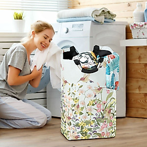 Kigai Laundry Hamper Basket Cute Hummingbirds Flowers Collapsible Nursery Storage Bin Waterproof Clothing Baskets for Home Bedroom Bathroom Washing Room