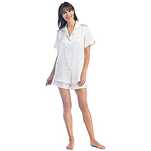 Fishers Finery Women's 100% Mulberry Silk Short Pajama Set; Button Down Short Sleeve Top with Shorts(White, L)