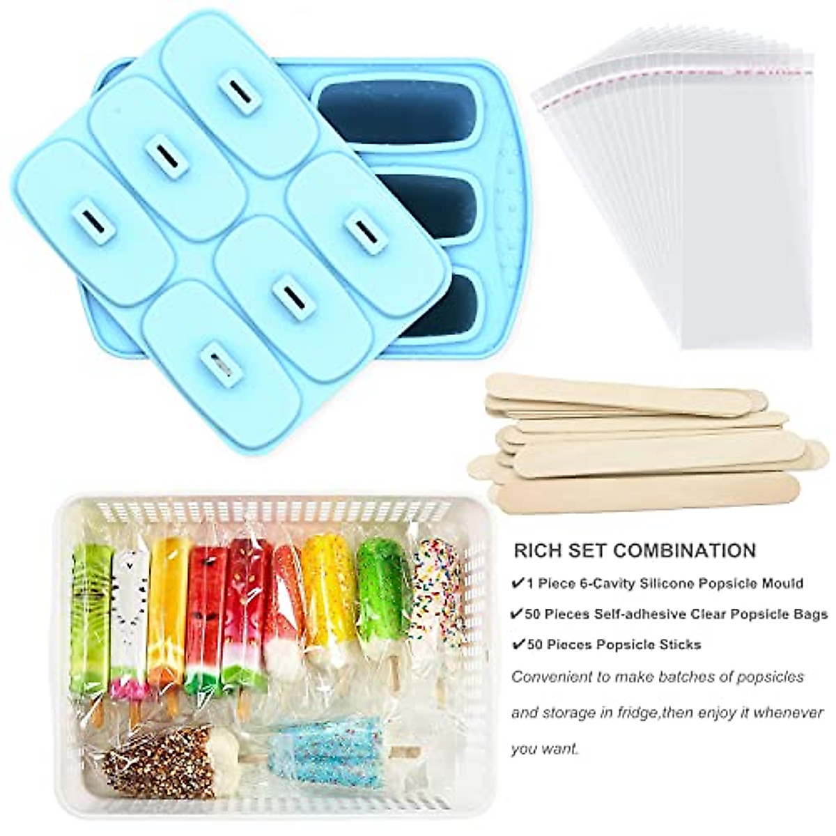 Bangp Popsicle Molds 6 Pieces,Silicone Ice Pop Molds BPA Free,Homemade Popsicle Maker,Reusable Easy Release Ice Pop Maker for Kids,with 50 Popsicle Sticks and 50 Popsicle Bags(Blue)