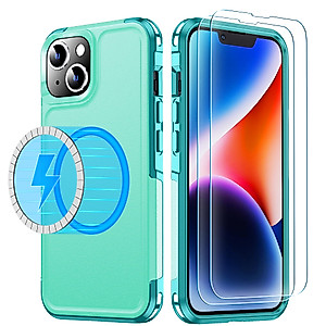 MOZOTER Magnetic for iPhone 14 Case & iPhone 13 Case with [2 Pcs Glass Screen Protector],[12 FT Shockproof Compatible with Magsafe][Heavy Duty] Phone Case Cover for iPhone 14/13,6.1"-Light Green
