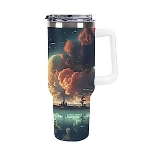 LLUTSNTH 40 Oz Vacuum Tumbler with White Handle Leakproof Insulated Tumbler Anime Stainless Steel Travel Mug with Lid And Straw Coffee Cup Cute Water Bottles Cup Holder Friendly
